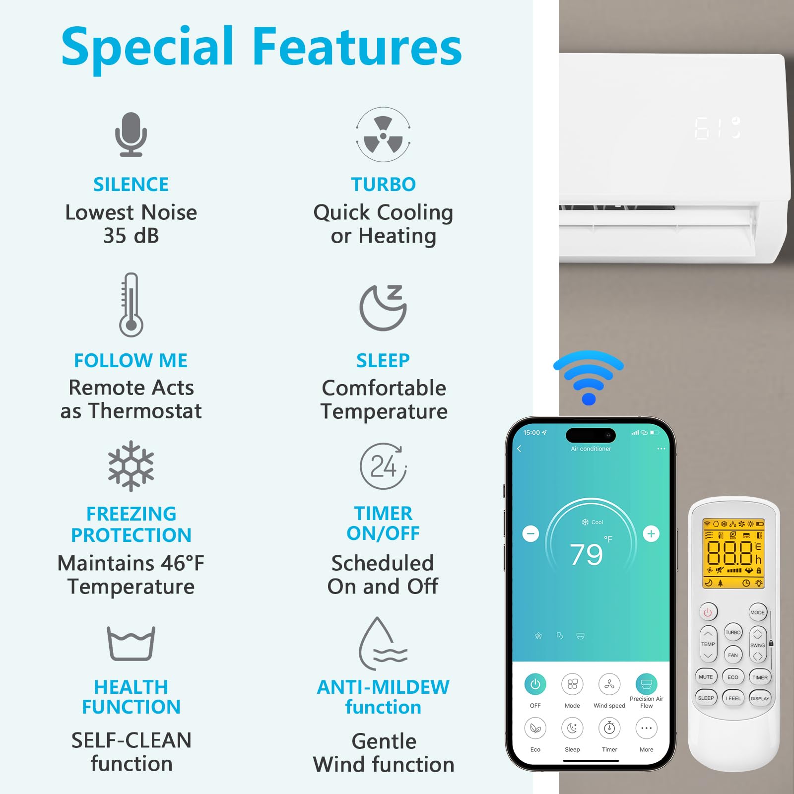 Winado 24,000 BTU Mini Split Air Conditioner Inverter, 19 SEER 230V Energy Saving Split-System AC w/Pre-Charged Condenser, Heat Pump, WIFI Remote Control, Installation Kit, Cools Up to 1500 Sq. Ft.