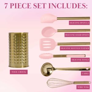 Paris Hilton Kitchen Set Tool Crock with Silicone Cooking Utensils, Stainless Steel Whisk and Ladle, 7-Piece, Pink and Gold