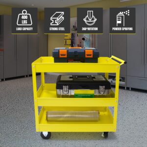 HPDMC 30in Large Steel Service Cart - Utility Carts with Wheels - 3 Shelf - Metal - 400 lbs Capacity - Shop Rolling Tool Carts - Yellow