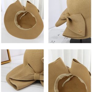 Womens Wide Brim Slit Sun Hat Bow Knot Summer Straw Sun Hats for Women (Beige)