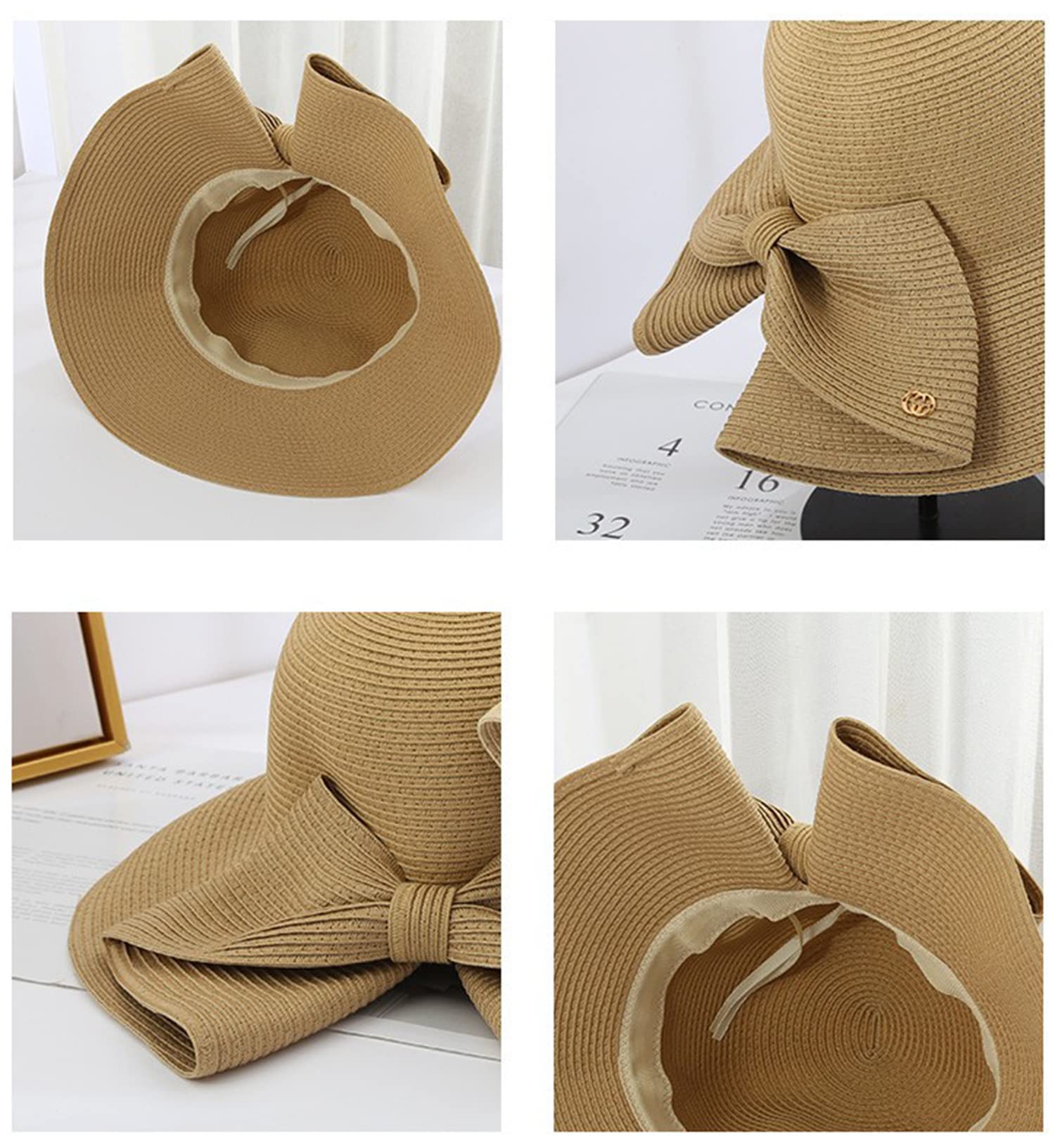 Womens Wide Brim Slit Sun Hat Bow Knot Summer Straw Sun Hats for Women (Beige)