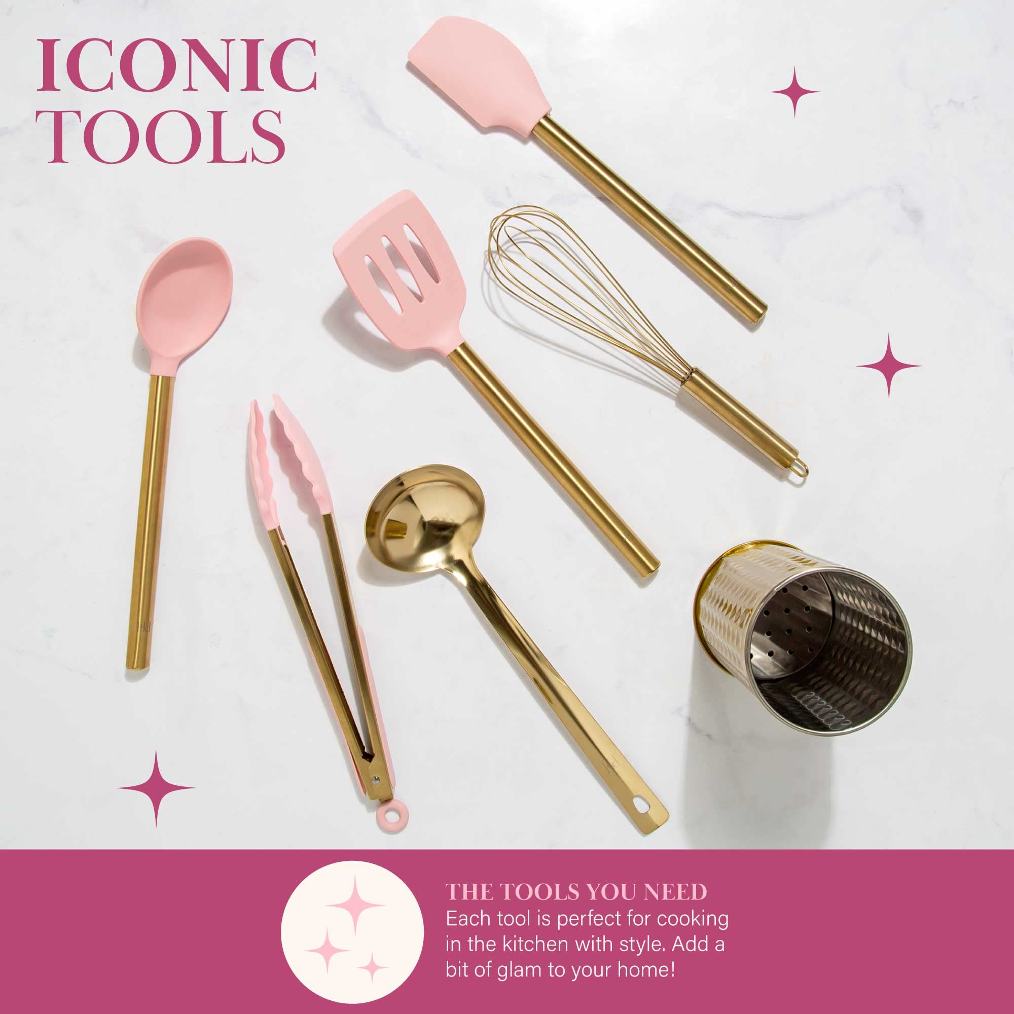 Paris Hilton Kitchen Set Tool Crock with Silicone Cooking Utensils, Stainless Steel Whisk and Ladle, 7-Piece, Pink and Gold