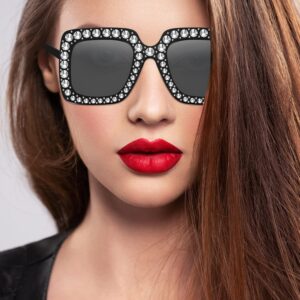 12 Pairs Crystal Oversized Sunglasses Rhinestone Square Diamond Sunglasses Frame Retro Sparkling Glasses for Women Men(Black)