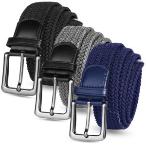 veasaers golf belts for men 3 pack braided elastic fabric stretch canvas woven for men women youth sports golf hiking (34"-38" waist adjustable, 3 pack-black+gray+blue)