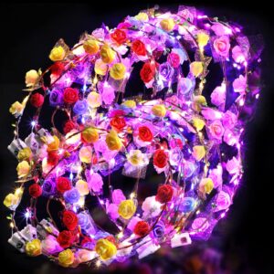 50 pcs led flower crowns headbands light up flower hair wreath garlands glowing floral headpiece for halloween girls women cosplay holiday wedding party