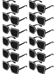 12 pairs crystal oversized sunglasses rhinestone square diamond sunglasses frame retro sparkling glasses for women men(black)