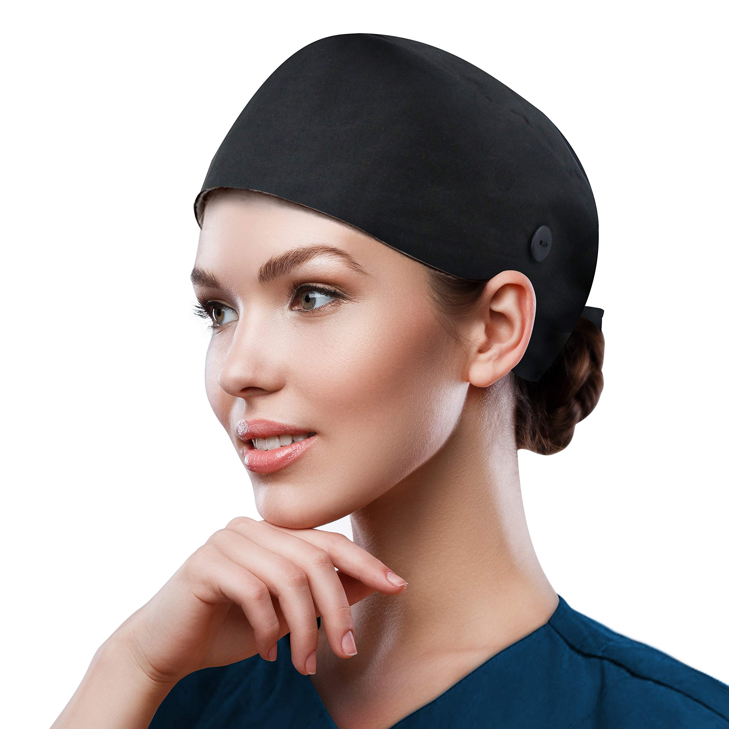 QBA Adjustable Working Cap with Button, Satin Lined Scrub Hat, Cotton Working Hat Sweatband, Elastic Bandage Tie Back Hats for Women & Men, One Size, #Satin-Lined Black