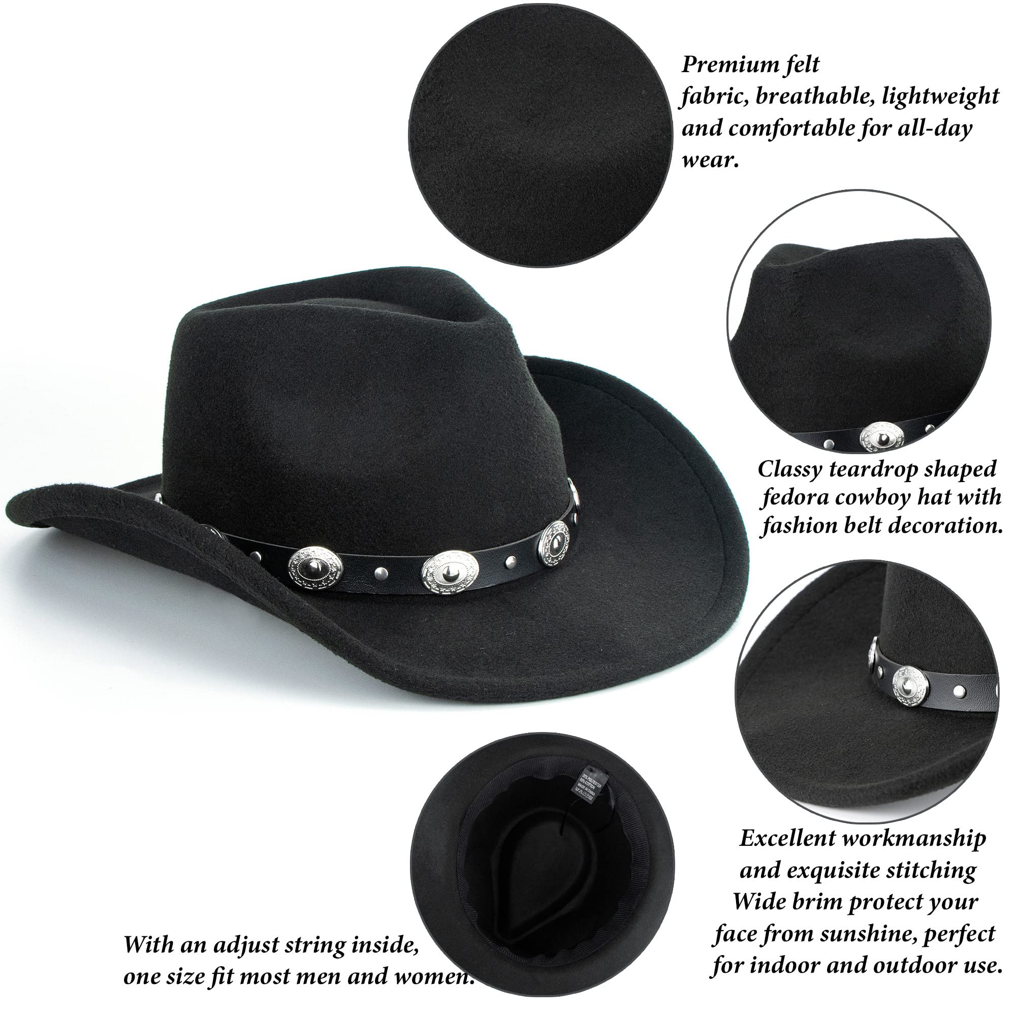 Women Felt Wide Brim Western Cowboy Hat for Men Panama Fedora Wool Caps