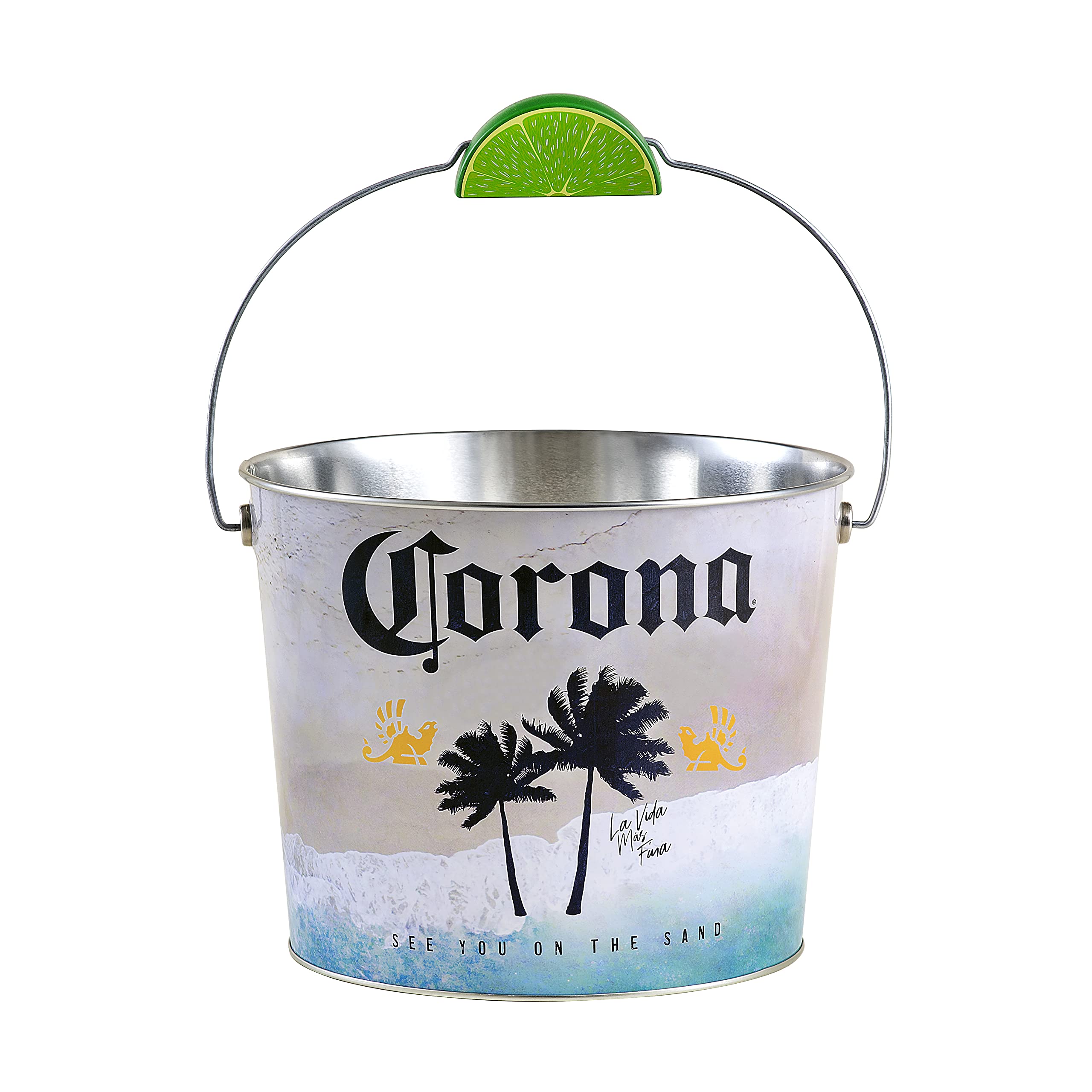 The Tin Box Company Corona Beverage Bucket with Wire Handle and Lime Grip, Beach Scene (423317-12)