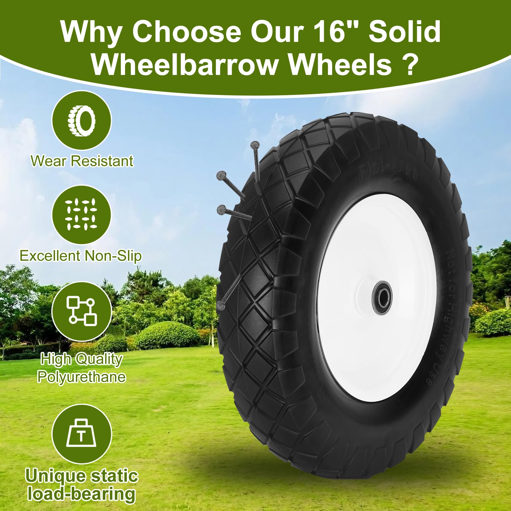 Pontuss Upgraded 16" Flat Free Wheelbarrow Wheels and Tires, 4.80/4.00-8 Solid Wheelbarrow Tires with 5/8"&3/4" Bearings,14"-16" Universal Fit Wheelbarrow Tires for Wheelbarrows/Garden Trailer