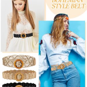 Hercicy 3 Pcs Rattan Straw Woven Belt Bohemian Waist Rope Braid Belts for Women, Trendy Boho Ladies Skinny Dress Belt Multicolor