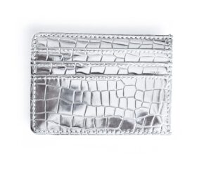 swedey super shiny slim credit card holder mini front pocket wallet in mirror metallic faux crocodile pattern (silver)