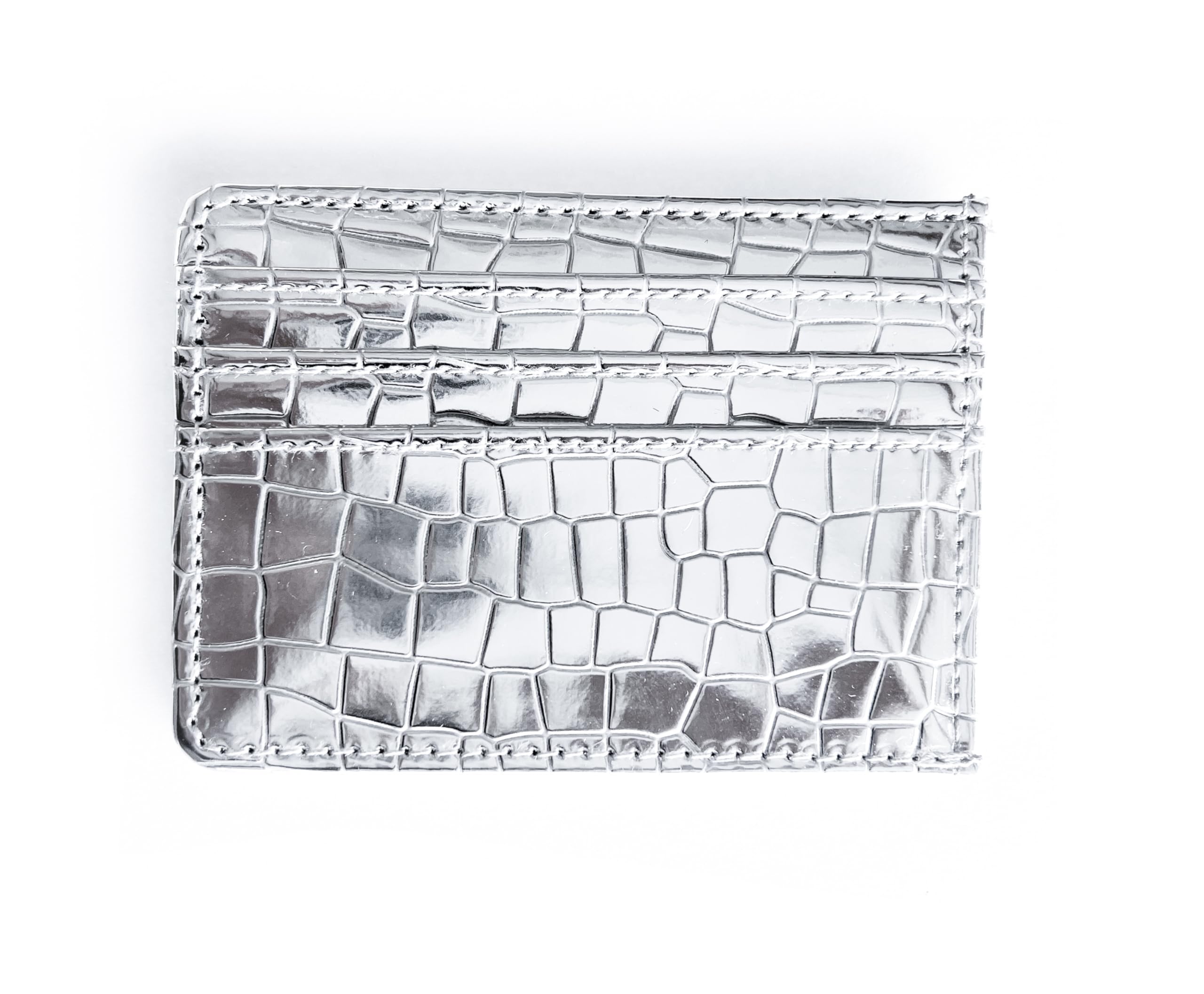 SWEDEY Super Shiny Slim Credit Card Holder Mini Front Pocket Wallet in Mirror Metallic Faux Crocodile pattern (Silver)