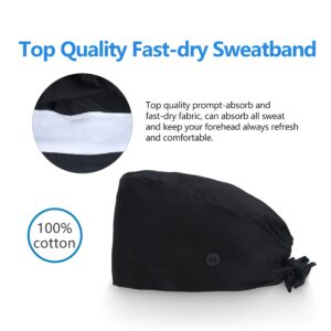 QBA Adjustable Working Cap with Button, Satin Lined Scrub Hat, Cotton Working Hat Sweatband, Elastic Bandage Tie Back Hats for Women & Men, One Size, #Satin-Lined Black