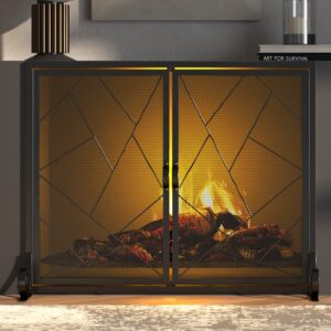 Fire Beauty Fireplace Screen with Hinged Doors Cast Iron Border Sturdy Steel Frame Durable Metal Mesh Decorative Spark Guard Black Finish(Middle)