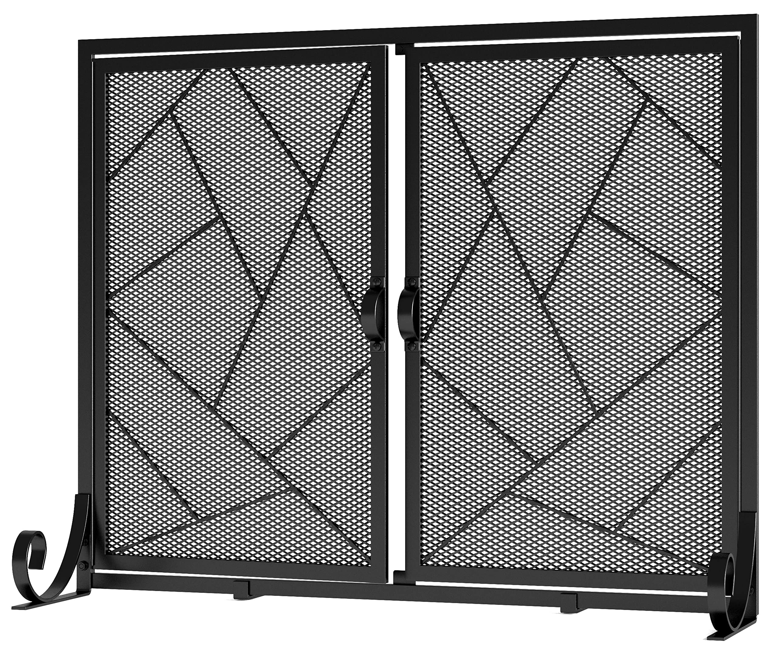 Fire Beauty Fireplace Screen with Hinged Doors Cast Iron Border Sturdy Steel Frame Durable Metal Mesh Decorative Spark Guard Black Finish(Middle)