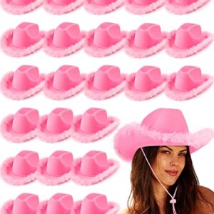 Jecery 24 Pieces Pink Cowboy Cowgirl Hat Bulk with Feather Boa for Women Girl Wedding Bachelorette Birthday West Party Costume Accessories