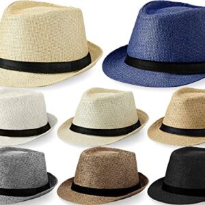 8 Pack Panama Trilby Straw Sun Hat with Leather Belt Straw Hats Short Brim Summer Beach Hat for Men Women (Elegant Color)