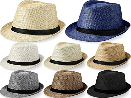 8 Pack Panama Trilby Straw Sun Hat with Leather Belt Straw Hats Short Brim Summer Beach Hat for Men Women (Elegant Color)