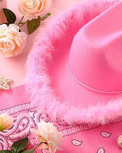 Jecery 24 Pieces Pink Cowboy Cowgirl Hat Bulk with Feather Boa for Women Girl Wedding Bachelorette Birthday West Party Costume Accessories