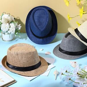 8 Pack Panama Trilby Straw Sun Hat with Leather Belt Straw Hats Short Brim Summer Beach Hat for Men Women (Elegant Color)