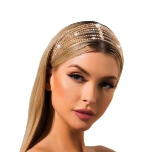 aularso gold head chain rhinestone head jewelry elastic layered headpiece wedding crystal headbands chain for women (gold)