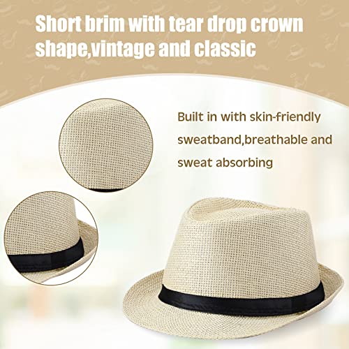 8 Pack Panama Trilby Straw Sun Hat with Leather Belt Straw Hats Short Brim Summer Beach Hat for Men Women (Elegant Color)