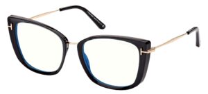 eyeglasses tom ford ft 5816 -b 001 shiny black, rose gold"t" logo/blue block le