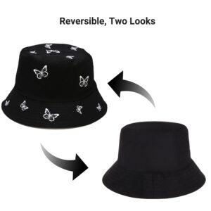 Umeepar Embroidered Bucket Hat Reversible Packable Foldable Beach Sun Hat Outdoor Cap for Women Men (Butterfly Black/Plain Black)