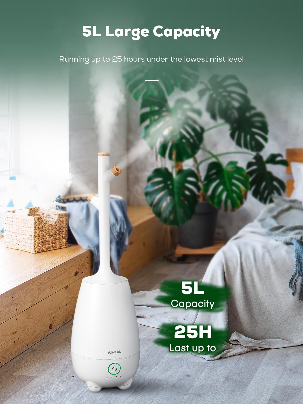 Aiheal Humidifiers for Bedroom Large Room Home, 5L Top Fill Cool Mist Ultrasonic Humidifier for Baby Plants, Smart Humidistat Mode, Essential Oil Diffuser, Sleep Mode, Auto Off and Ultra Quiet, White