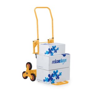 relaxdays stair climbing hand truck, folding cart, up to 50/150 kg, solid rubber tyres, height adjustable, yellow, 124 x 54 x 77 cm