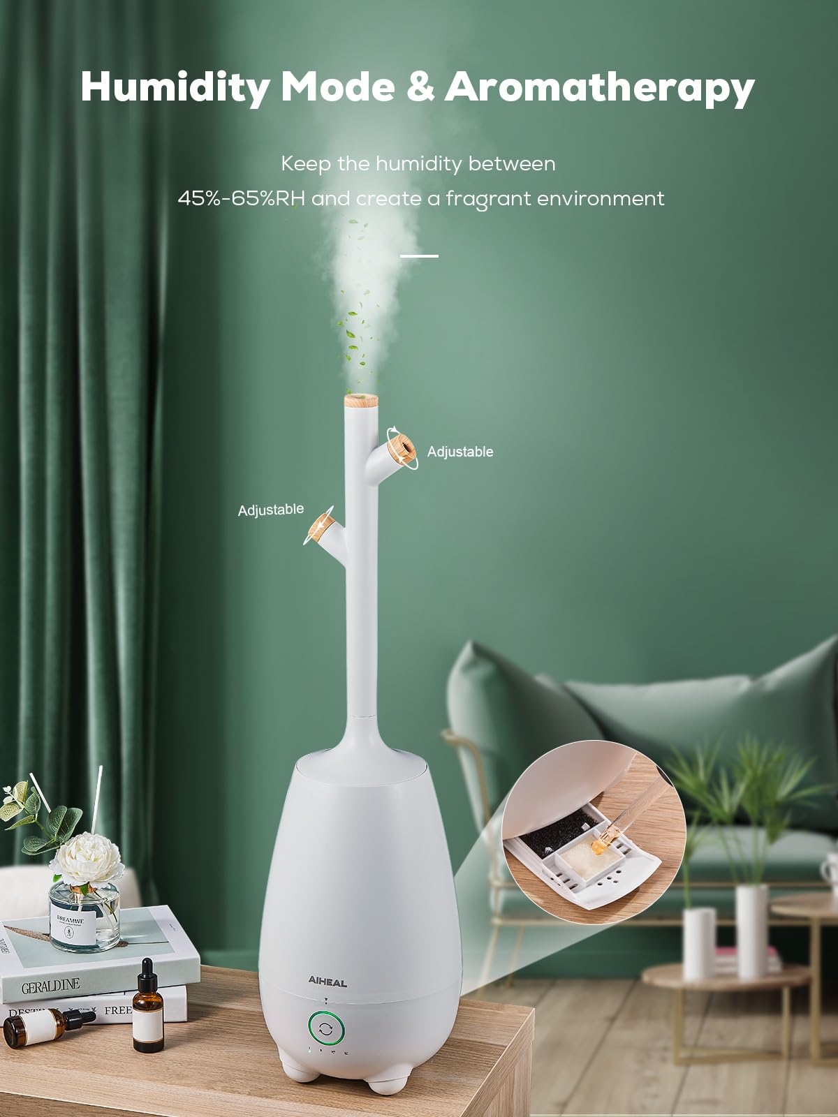 Aiheal Humidifiers for Bedroom Large Room Home, 5L Top Fill Cool Mist Ultrasonic Humidifier for Baby Plants, Smart Humidistat Mode, Essential Oil Diffuser, Sleep Mode, Auto Off and Ultra Quiet, White