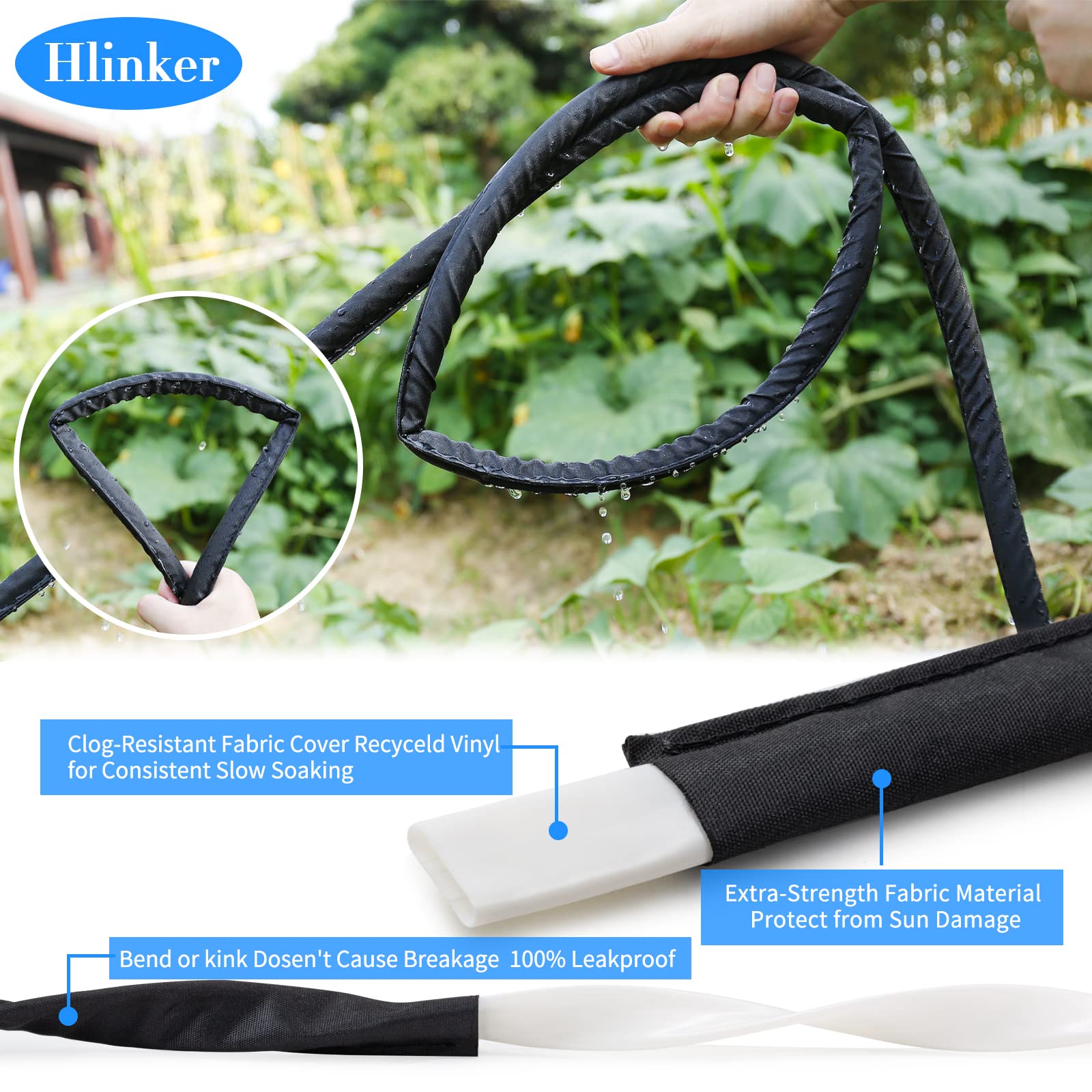 Hlinker Flat Soaker Hose 15 25 50 75 FT for Garden Beds, 25Ft 1/2" Linkable Consistent Drip Irrigation Hose Save 80% Water, Leakproof Heavy Duty Double Layer Sprinkler Hose