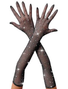 rslove women lingerie fishnet gloves with sparkle rhinestone mesh long gloves black