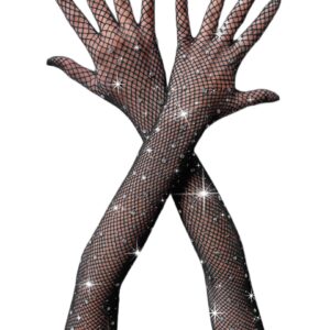 RSLOVE Women Lingerie Fishnet Gloves with Sparkle Rhinestone Mesh Long Gloves Black