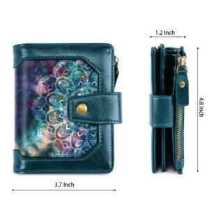 Simikol Women Leather Wallet RFID Blocking Small Bifold Zipper Pocket Wallet Card Case Purse with ID Window,Mandala Nebula