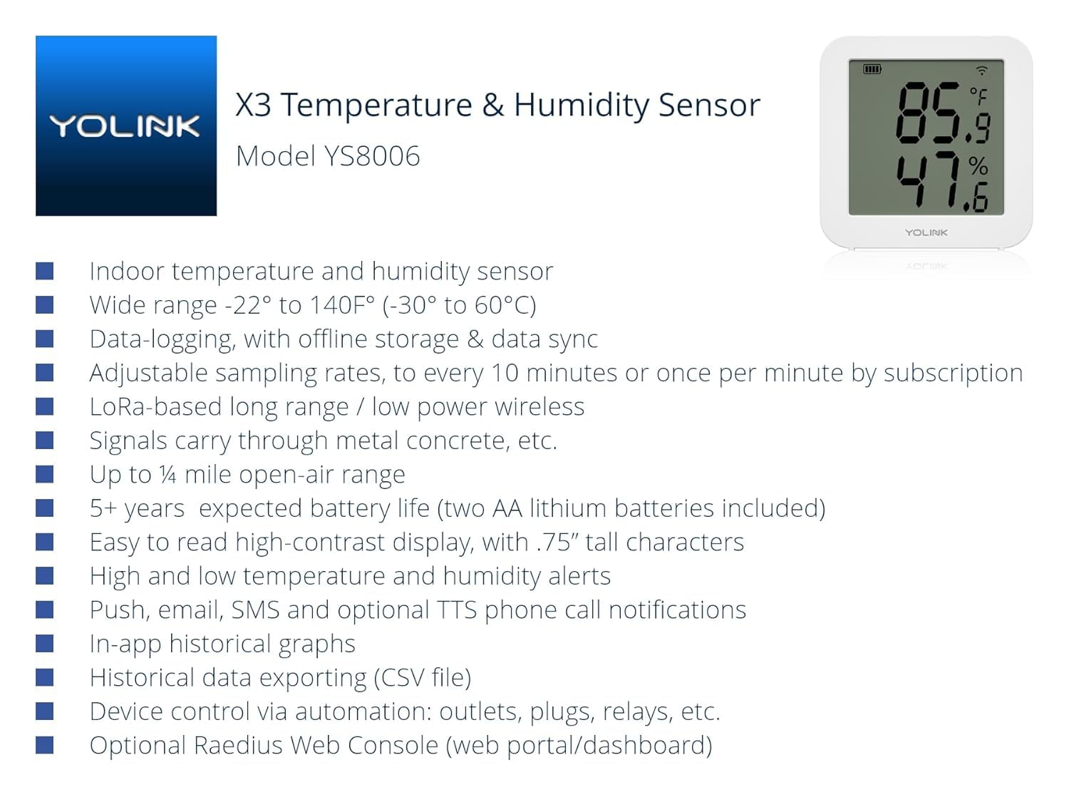 YoLink X3 Version Temperature & Humidity Sensor, Supports App Real-Time Data Refresh, Alexa, IFTTT, Home Assistant Integration - YoLink Hub Required