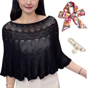 RainFlowwer Knitted Sun-Proof Shawl, Ice Silk Shawl for Women, Summer Hollow-Out Knit Shawl Wraps, Women's Open Knit Top (Black)