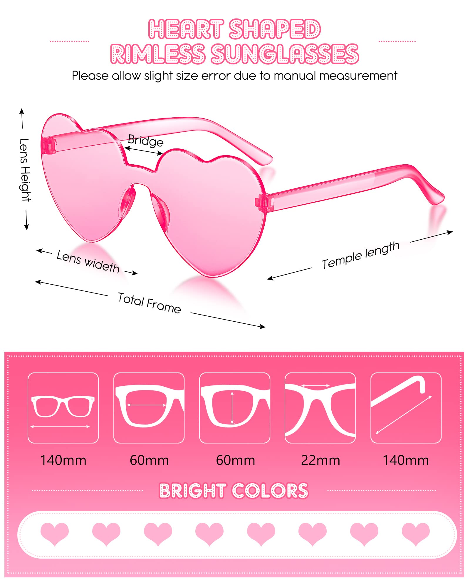 Colzzy 16 Pair Heart Shaped Sunglasses Candy Color Glasses Frameless Sunglasses for Party Women(Pink)