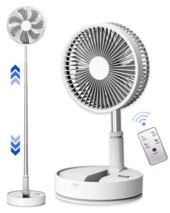 oscillating fan with remote control, 7200mah rechargeable battery operated travel fan for camping, 4 speed, timer, height adjustment portable foldable fan for travel , outdoor, home (white)