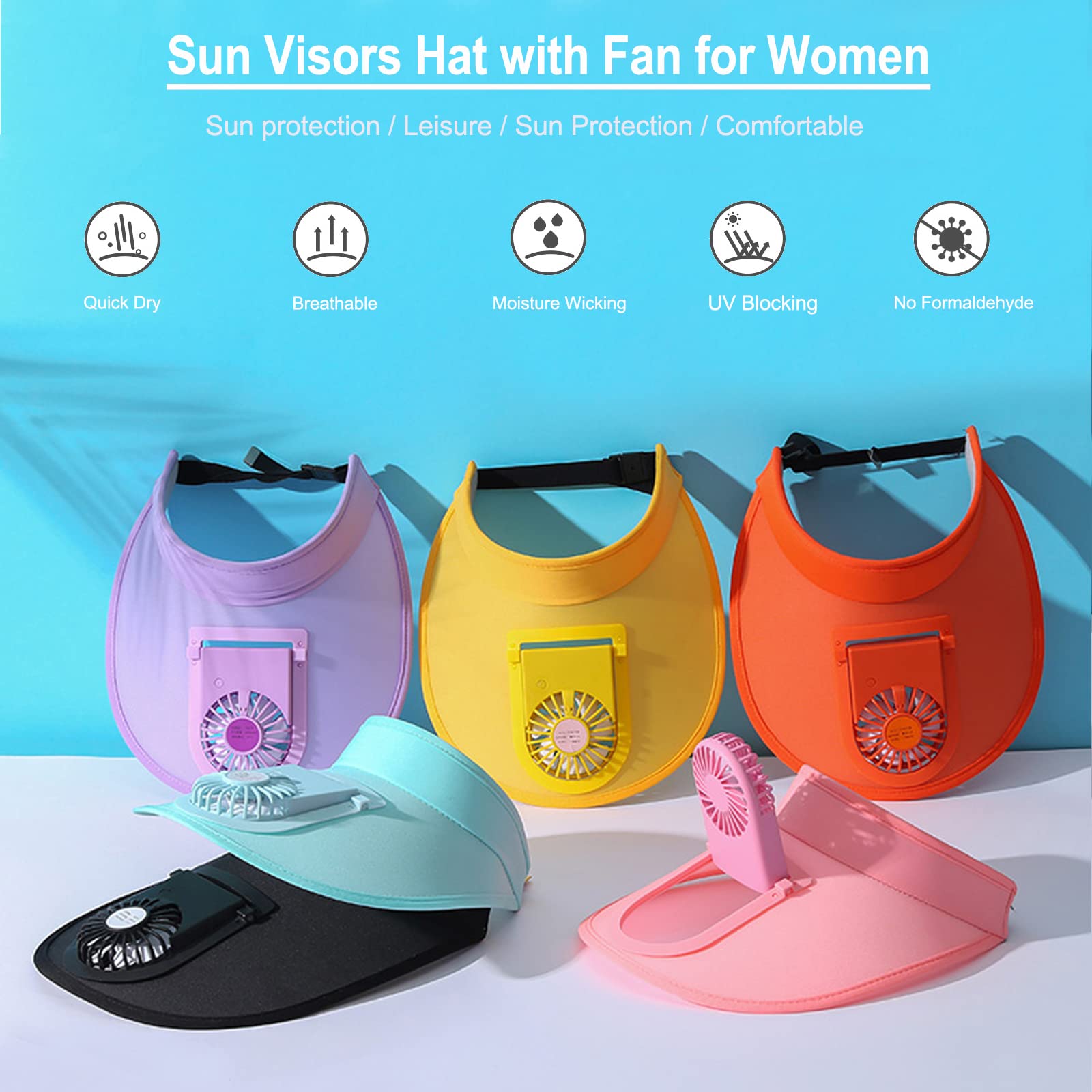 VNAKER Sun Visors Hat with Fan for Women - Fan Visor Hat - Three Gear Mediation and Large Area Sun Protection, Adjustable Elastic Buckle (Black)