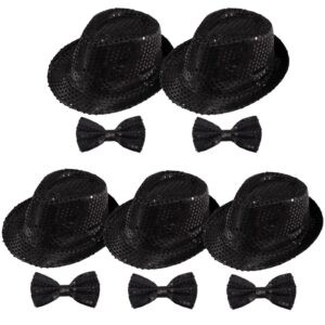 10 pcs unisex sequin fedora hat sequin bow ties set bling retro dance jazz cap funky party costume fedora (large, 5pack black)