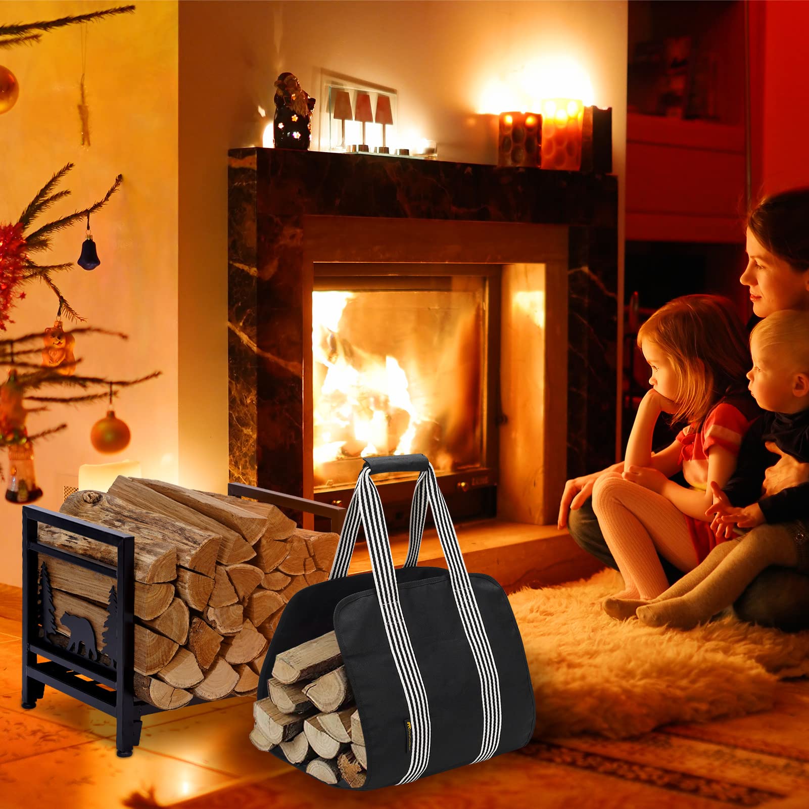 MYFIREPLACEDIRECT Firewood Rack with Log Bag Indoor Fireplace Log Holder Outdoor Wood Storage Log Rack Decorative Heavy Duty Steel Firewood Carrier Stove Bracket Stacking Rack