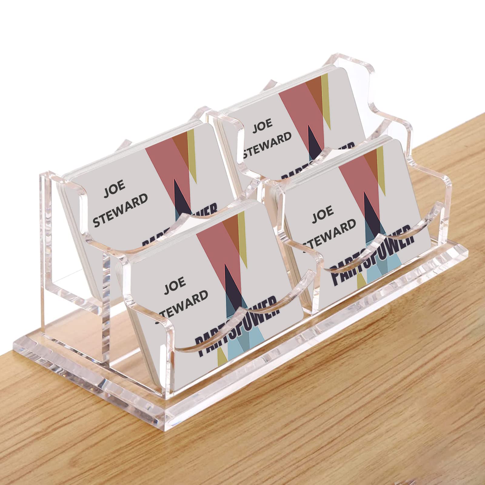 PARTSPOWER Acrylic Business Card Holder for Desk, Horizontal Clear Business Name Card Display Stand, Desk Accessory Business Name Card Organizer (Horizontal, 4-Slot)