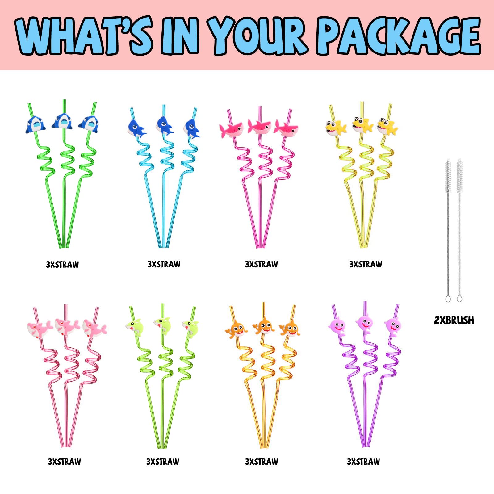 24 Shark Party Favors Reusable Plastic Straws for Boys Girls Kids Baby Swimming Ocean Shark Themed Birthday Party Supplies Decorations with 2 Cleaning Brushes