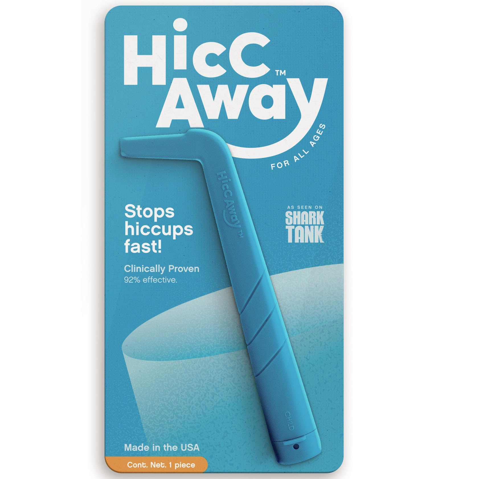 HiccAway Hiccup Straw - Stops Hiccups Naturally & Fast - As Seen On Shark Tank - Clinically Proven Relief for All Ages, Children & Adults - Safe, Lightweight, & Reusable (HiccAway Blue) 1 Pack