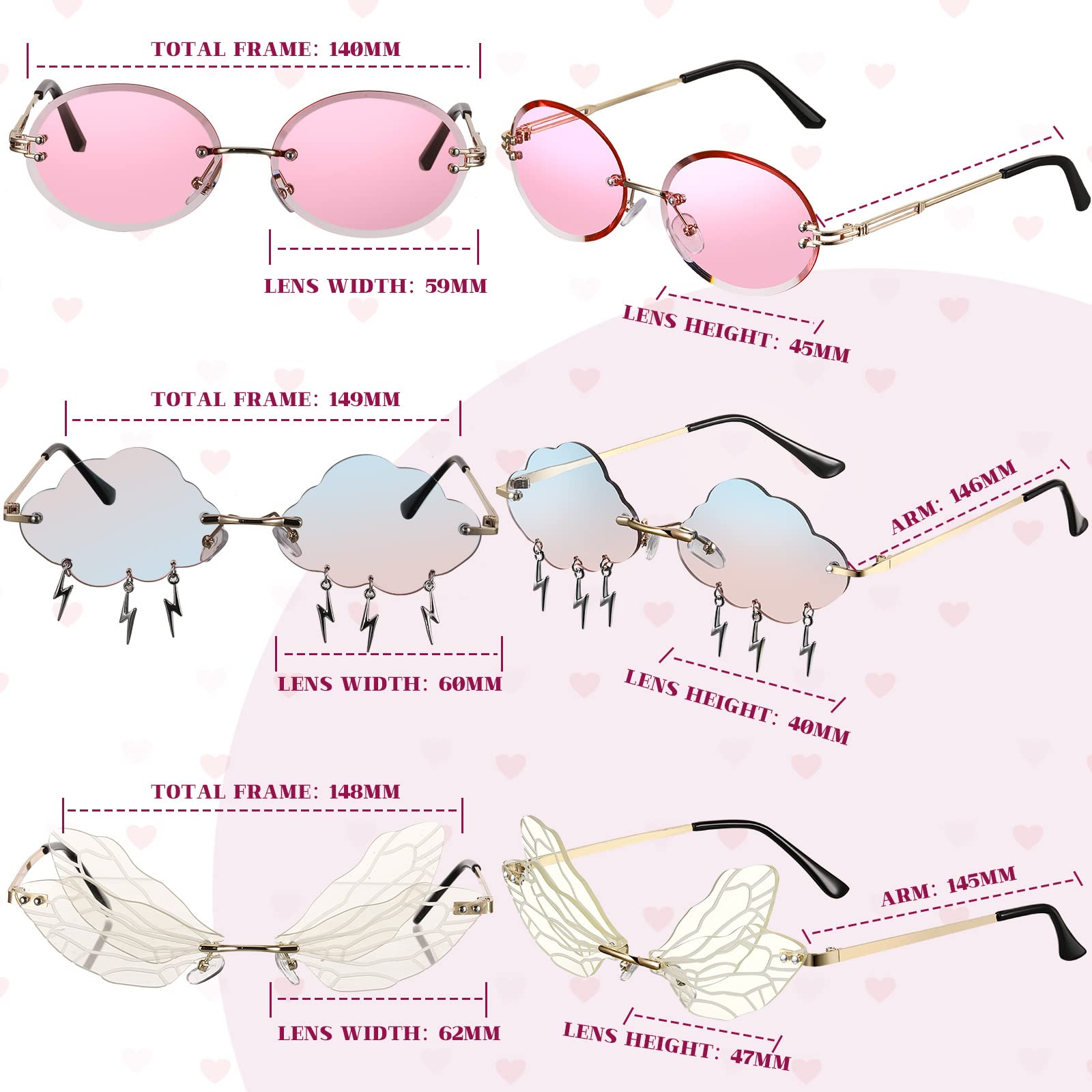 Juinte 8 Pcs Irregular Sunglasses Set Rimless Lovely Flame Rectangle Cloud Star Butterfly Sunglasses Frameless Candy Color Glasses Heart Slender Oval Triangle Sunglasses for Women Men (Stylish Style)