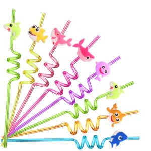 24 shark party favors reusable plastic straws for boys girls kids baby swimming ocean shark themed birthday party supplies decorations with 2 cleaning brushes