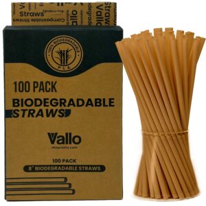 vallo compostable drinking straws - 100% biodegradable, recyclable, non-soggy, suitable for hot and cold drinks, eco-friendly sugarcane material, not paper, 8" standard size - 100 count