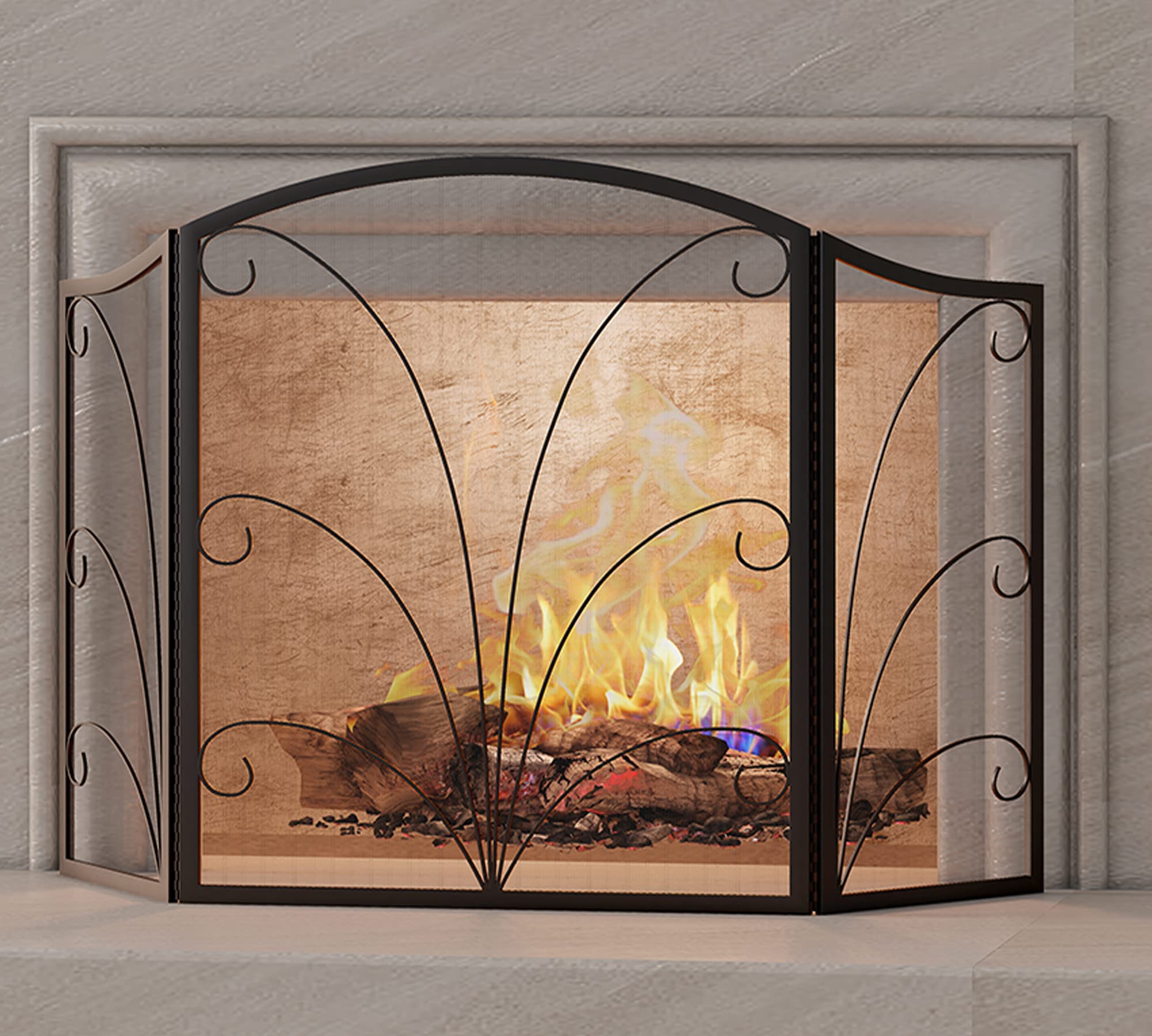 Kingson 3-Panel Arched Fireplace Screen Decorative, Handcrafted Scroll Wrought Iron Fireplace Spark Guard Cover - Black